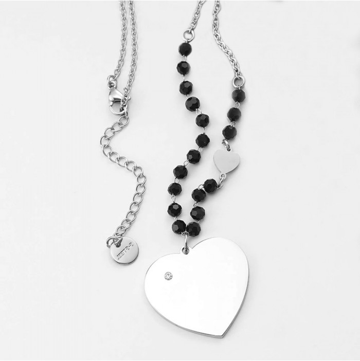 Collier long coeur et perle de crystal noir